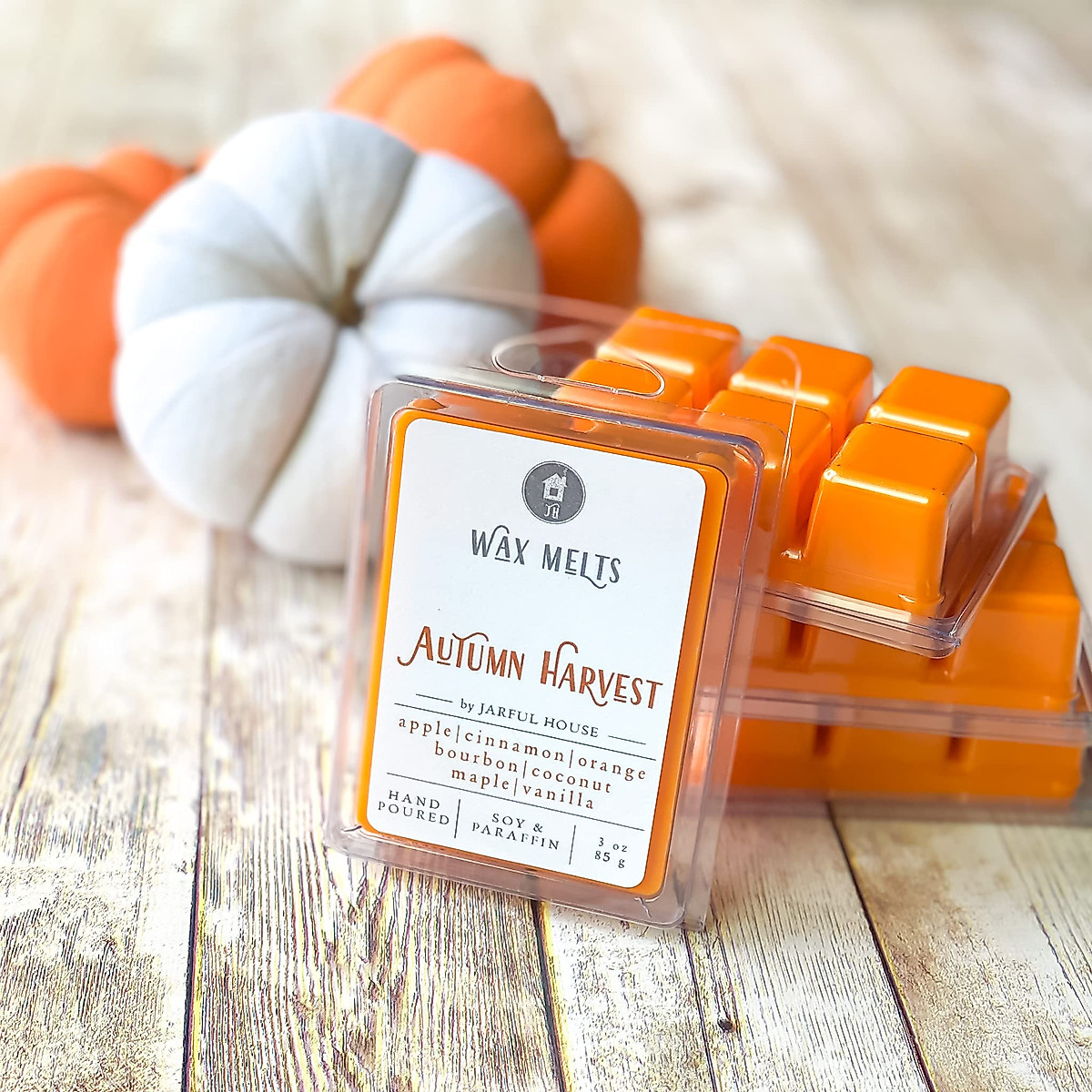 Jarful House Strong Scented Wax Melts Autumn Harvest, Natural Coconut Wax Tarts Cubes Apple Cinnamon Orange Bourbon Maple, Stocking Stuffer Gift