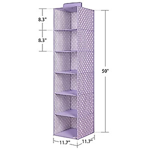 Utureal 6-Shelf Hanging Closet Organizer, Fabric Foldable Clothes Storage Hanging Shelves for Bedroom Kids Nursery Room, Space Saving Sturdy Shelf Unit for Travel Trailer Camping| Polka Dots, Purple