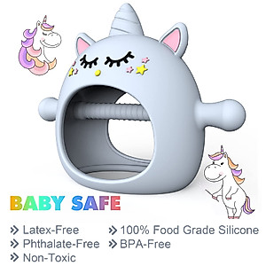 Tinabless Teething Toys (5 Pack) + Unicorn Never Drop Silicone Teether Set for Babies 6-12 Months, Natural Organic Freezer Safe for Infants and Toddlers, Silicone Baby Teethers (Blue)