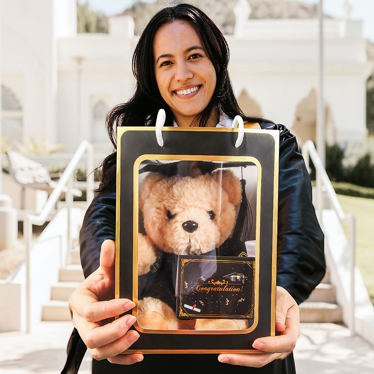 ZJoey Bear with Graduation Cap Toys Class of 2025 Graduation Plush Stuffed Teddy Bear Animal Dog Graduation Cap and Gown with Greeting Card and Bag for Graduation Day Gift(Black Graduation Bear)