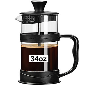 PARACITY French Press Coffee Maker 34oz, Coffee Press with 3 Filters Screen, Camping French Press of Heat Resistant Borosilicate Glass, Portable Coffee Maker for Travel& Home Gift(Black)