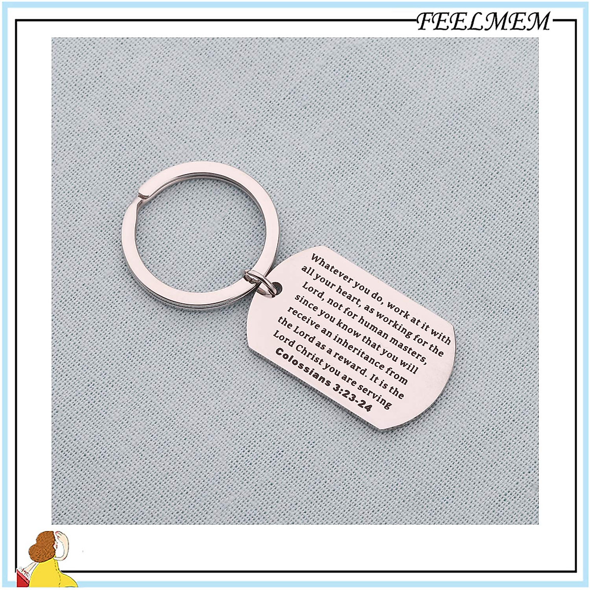 FEELMEM Christian Keychain Colossians 3:23 Bible Verse Keychain Whatever You Do Work at It with All Your Heart As Working for The Lord Religious Jewelry Inspirational Gifts (Silver)