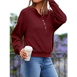 PRETTYGARDEN Women Drop Shoulder Long Sleeve Sweatshirt Fall v Neck Oversized Crop Pullover Winter Waffle Knit Henley Tops Button Down Shirt (Jujube Red, XX-Large)