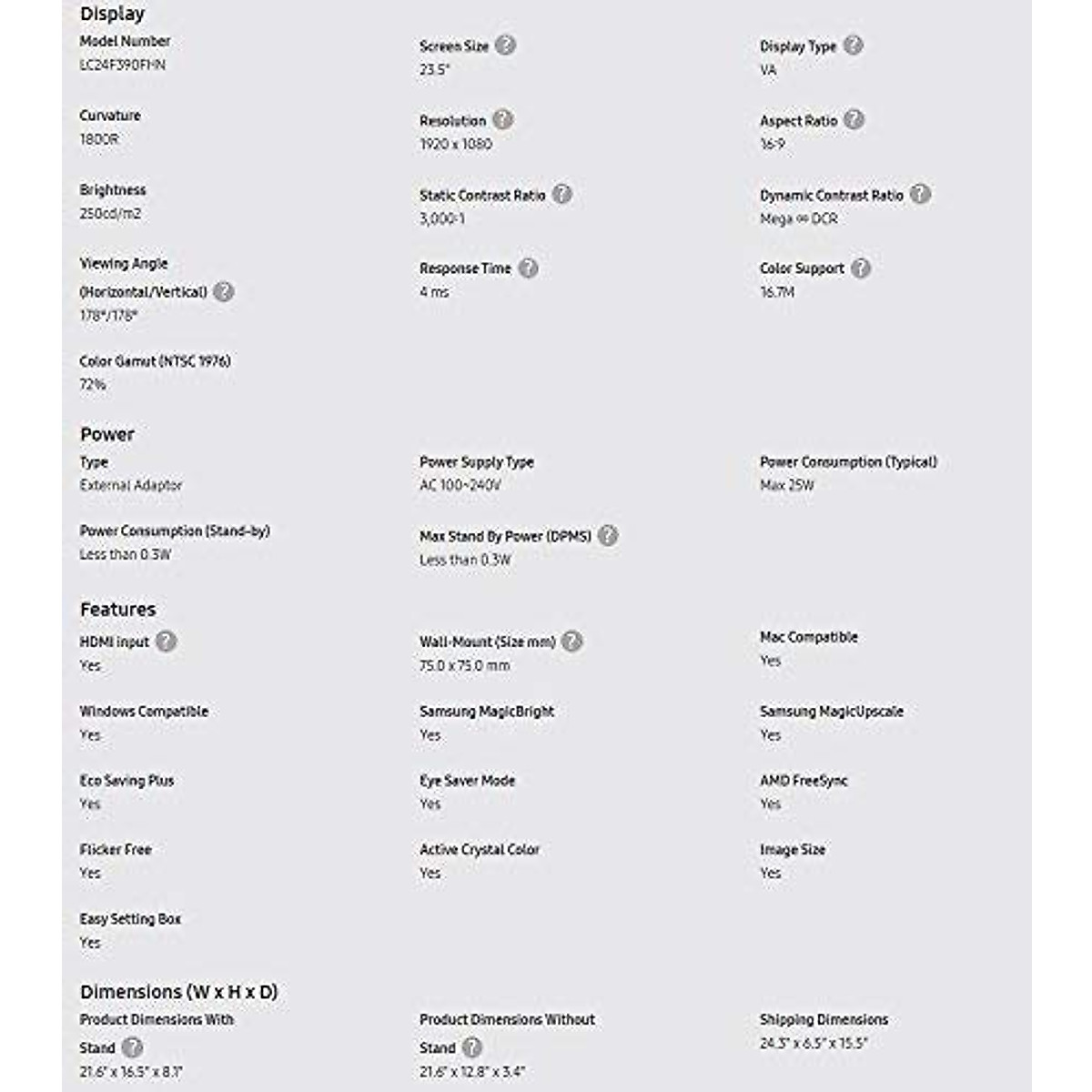 Samsung CF390 (LC24F390FHNXZA) 24-inch LED Curved FHD 4ms FreeSync Monitor Black (Renewed)