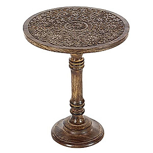 Deco 79 Mango Wood Floral Handmade Intricately Carved Accent Table, 17" x 17" x 21", Dark Brown