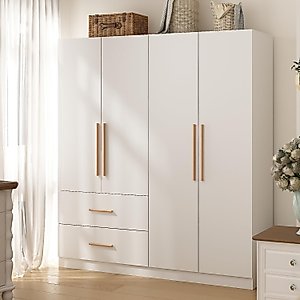 Hitow 4 Doors Wardrobe Armoire Closet, Armoire Dresser with 2 Drawers for Bedroom, Wooden Wardrobe Cabinet for Hanging Clothes, Wardrobe Clothes Organizer, White Type E (63" W x 18.9" D x 70.9" H)