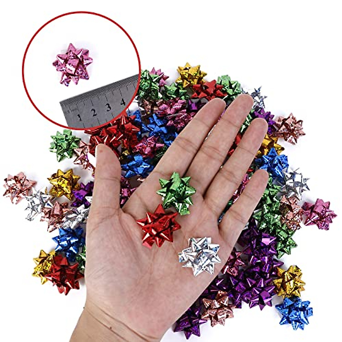 WELTOKE 100 Pcs 1" Mini Laser Gift Bows Set, Sparkly Holiday Bows for Gift Wrapping, Christmas Wrapping Ribbon, Crafting, Wedding, Party, Festival, Florist Flower