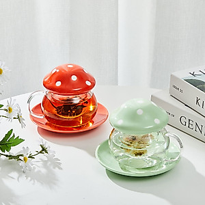 Irenare 2 Sets Mushroom Mug Cute Mushroom Cup with Infuser Lid Coaster Cute Coffee Cups Mushroom Teapot Glass Tea Mug Kawaii Teacup for Christmas Gift, 11 Oz, Orange and Green