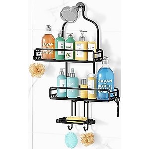 HAMITOR Adjustable Large Shower Organizer with Soap Holder - Rust Proof Bathroom Shelf Shampoo Storage Rack with 3-Tier Baskets - 4 Movable Hooks for Razor Loofah Black