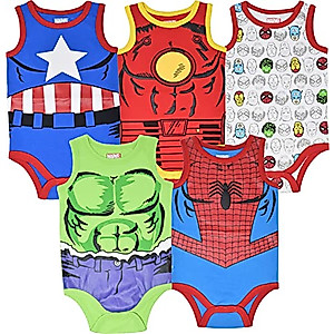 Marvel Avengers Captain America Iron Man Hulk Spider-Man Infant Baby Boys 5 Pack Bodysuits Multicolor 3-6 Months