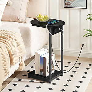 HOOBRO C Shaped End Table with Charging Station, Round Couch Side Table, TV Tray Slide Under Sofa Table with Metal Frame for Small Spaces, Living Room and Bedroom, Black BB18USF01