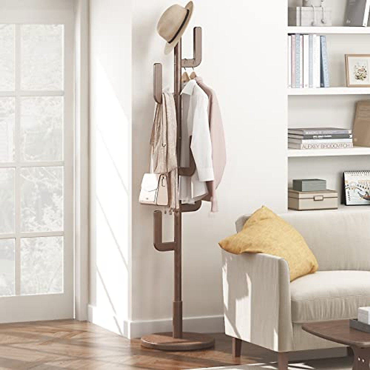 KASLANDI Coat Rack,Unique Design Cactus Coat Rack Freestanding，FAS Grade Rubber Wood,Adjustable Height Wooden Coat Rack Stand with 6 Hooks, Coat Tree Easy to Assemble (Walnut)