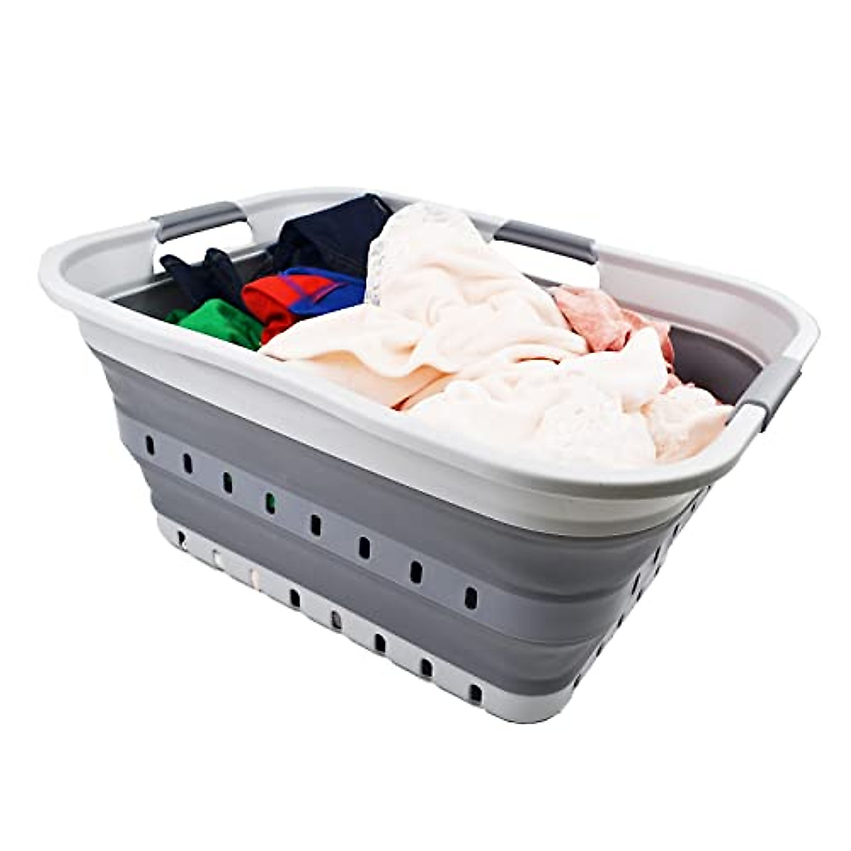 SAMMART 42L (11 gallon) Collapsible Plastic Laundry Basket - Foldable Pop Up Storage Container/Organizer - Portable Washing Tub - Space Saving Hamper/Basket (Grey/Dark Grey)