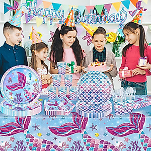 SJJPDYY 170Pcs Mermaid Birthday Party Decorations Set Mermaid Party Supplies Includes Plates, Napkin, Fork, Cup, Tablecloth, Banner for Baby Shower Ocean Birthday Party Decorations, Serves 24