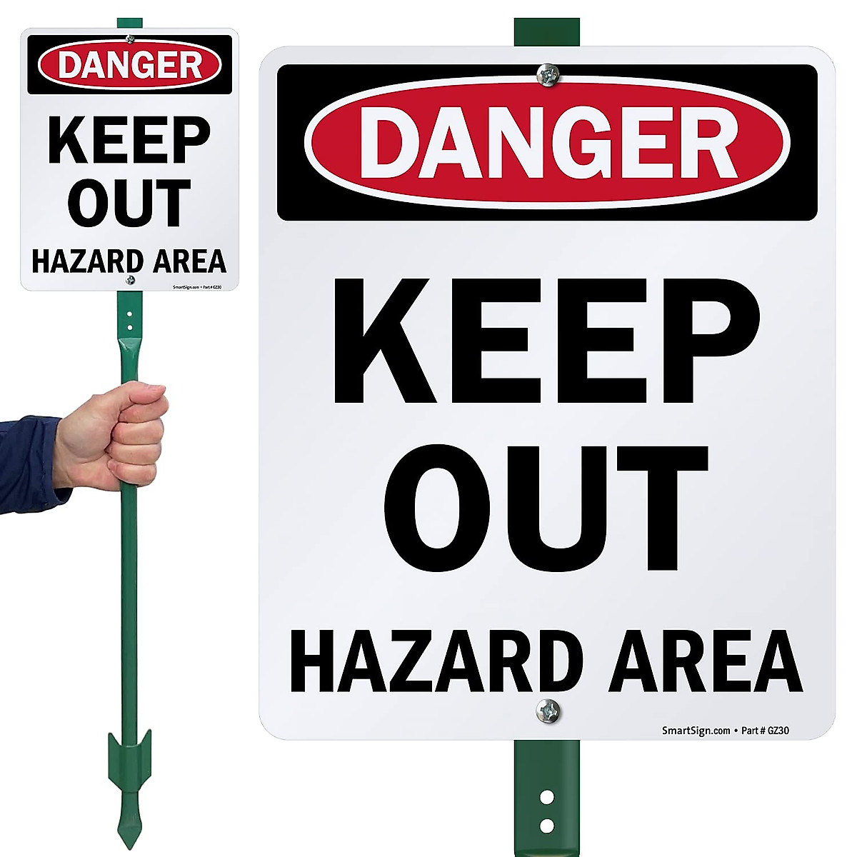 SmartSign 12 x 10 inch “Danger - Keep Out, Hazard Area” LawnBoss Yard Sign with 3 foot Stake, 40 mil Laminated Rustproof Aluminum, Red, Black and White, Set of 1, Made in USA