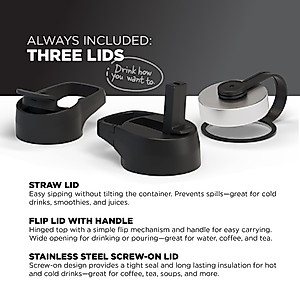 IRON °FLASK Camping & Hiking Hydration Flask, Wide Mouth, 3 Straw Lids, Stainless Steel Outdoor Water Bottle, Double Walled, Insulated Thermos, Metal Canteen - Midnight Black, 22 Oz