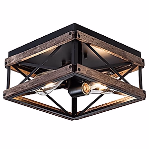 Mayful Flush Mount Light Fixture, 2-Light Rustic Ceiling Light Combine with Metal and Wood Frame, Farmhouse Flush Mount Ceiling Light for Kitchen Hallway Entryway Bedroom Porch Living Room…