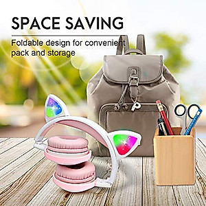 Kids Headphones, Wireless Cat Ear LED Light Up Bluetooth Headphones for Girls w/Microphone, Over On Ear Headset for School/Kindle/Tablet/PC Online Study Birthday Xmas Gift (Pink&White)