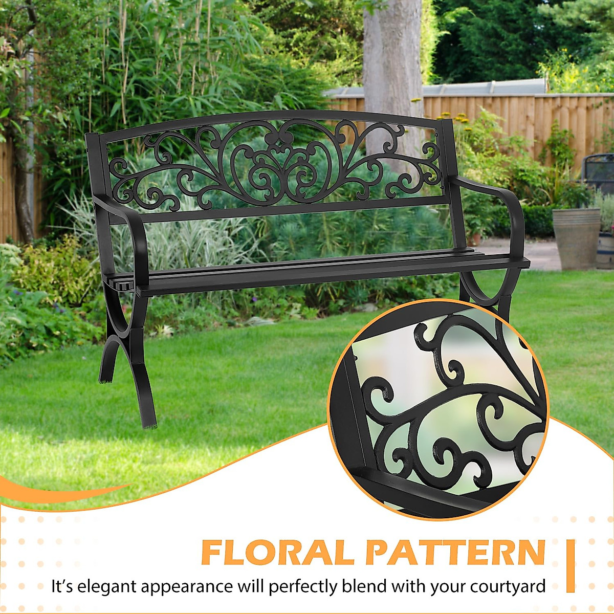 PayLessHere Black Outdoor Metal Loveseat Chairs Patio Garden Bench 50-inch Slatted Seat Armrests Floral Design Backres Perfect for Park, Yard, Porch, Lawn, Balcony, Backyard