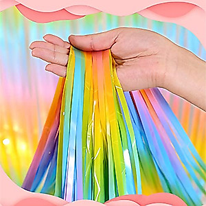 Shiny Rainbow Foil Fringe Curtain - 2pcs 3.2ft x 8.2ft Metallic Tinsel Rainbow Streamers for Photo Booth Backdrop Prop Birthday Wedding Bridal Shower Baby Shower Bachelorette Party Decorations