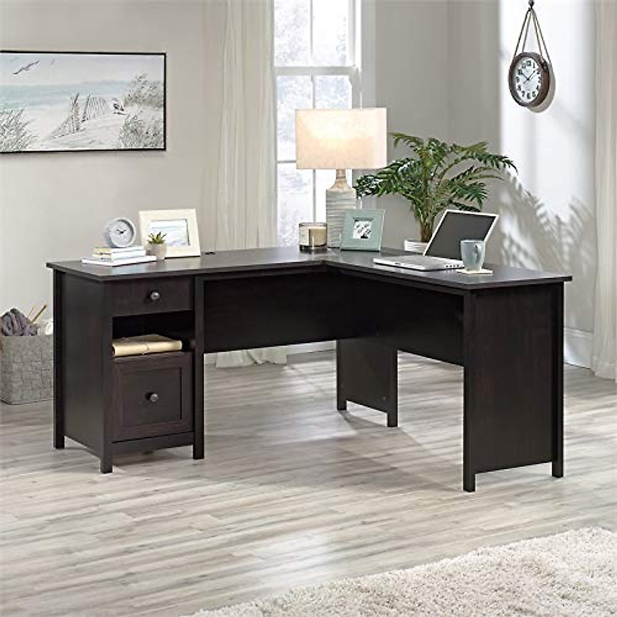 Sauder County Line Estate Black L-Shaped Desk with File Drawer, Estate Black Finish