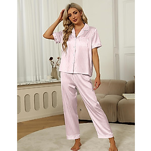 SAPJON Silk Pajamas for Women Set 4Pcs Ruffled Satin Pajamas Set Button Down Short Sleeve Cami Shorts Sleepwear Pj Set