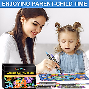 EscriWise 54 Colors Acrylic Paint Pens Paint Markers Set,Dual Tip Paint Markers With Fine Tip and Brush Tip,Premium Paint Pens for Stone,Canvas,Rock Painting,DIY Craft Art Supplies,Glass