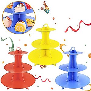 Faxco 3 Pack 3-Tier Colorful Round Cardboard Cup Cake Holder Stand Dessert Tower, Reusable Pastry Serving Platter Food Display, Birthday Wedding Special Event Decoration
