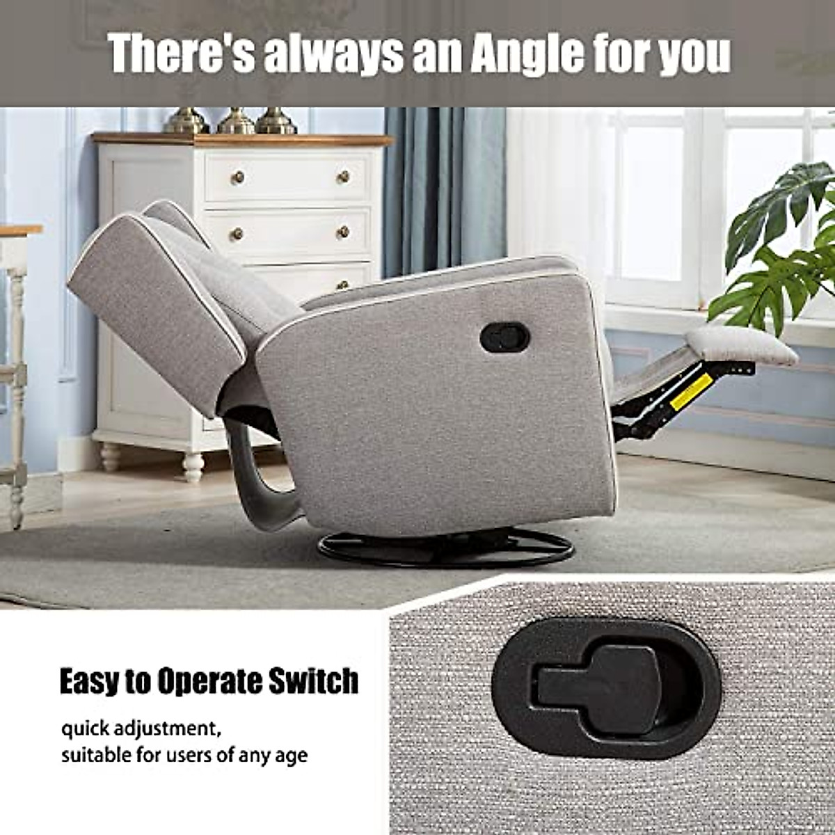 Swivel Rocker Recliner Chair, Nursery Glider Chair, Nursery Rocking Chairs, Manual Reclining Chair, Grey