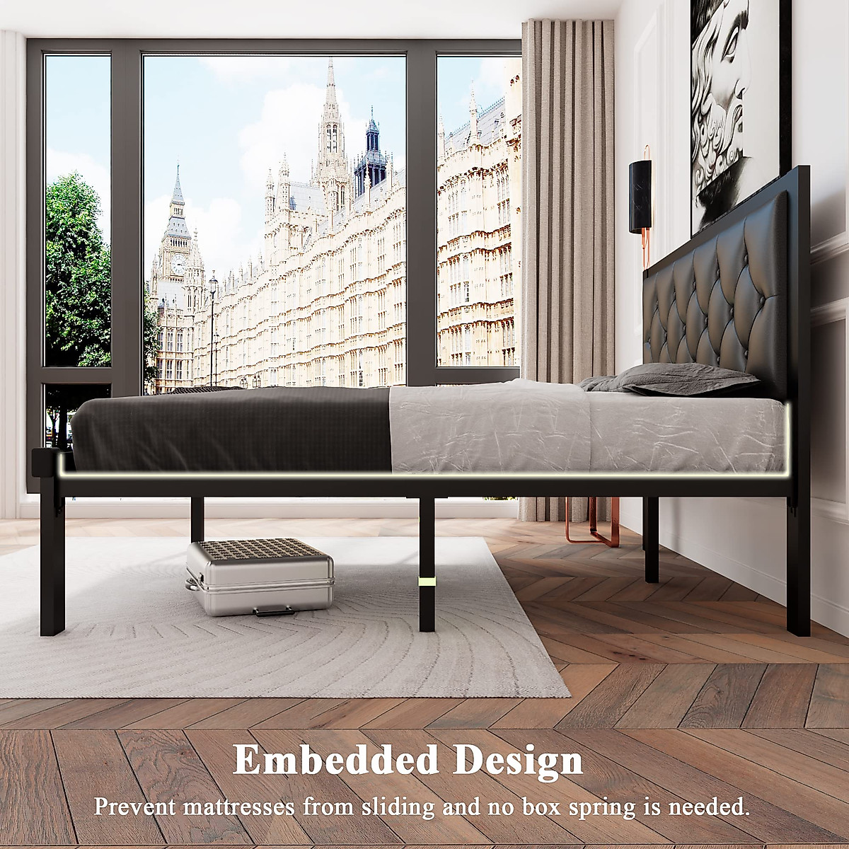 Feonase Full Size Metal Bed Frame with Faux Leather Button Tufted Headboard, Heavy-Duty Platform Bed Frame with 12" Storage, Steel Slats Support, No Box Spring Needed, Noise Free, Black