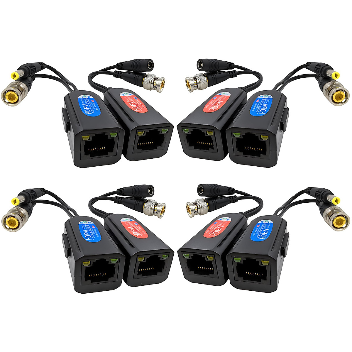 Igreeman 4 Pair Passive Video Balun BNC to RJ45 Adapter with Power, Ground Loop Isolated HD Analog Security Camera Ethernet Cable Transceiver, Cat5e/Cat6 Cable to BNC Converter - Compact