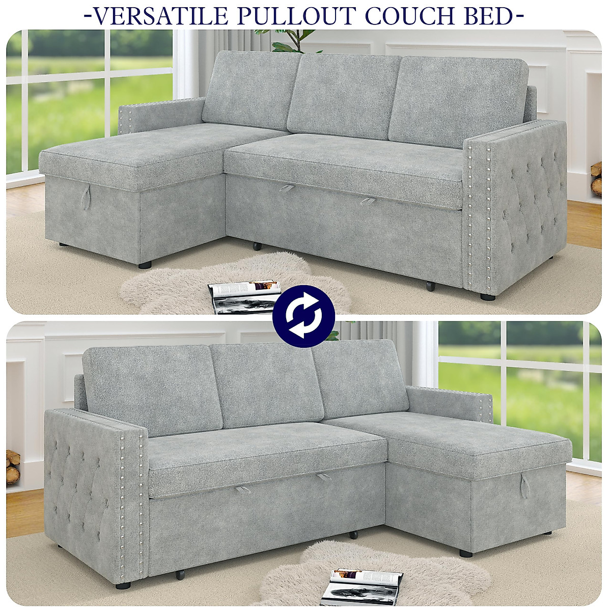 lunhung 85" L-Shaped Sofa Bed, Reversible Modular Sofa Bed with Pull-Out Bed, Storage Sofa Lounge Chair, Chenille, tylish Square Armrests with Nailhead Design for Living Room (Chenille-Light Gray)