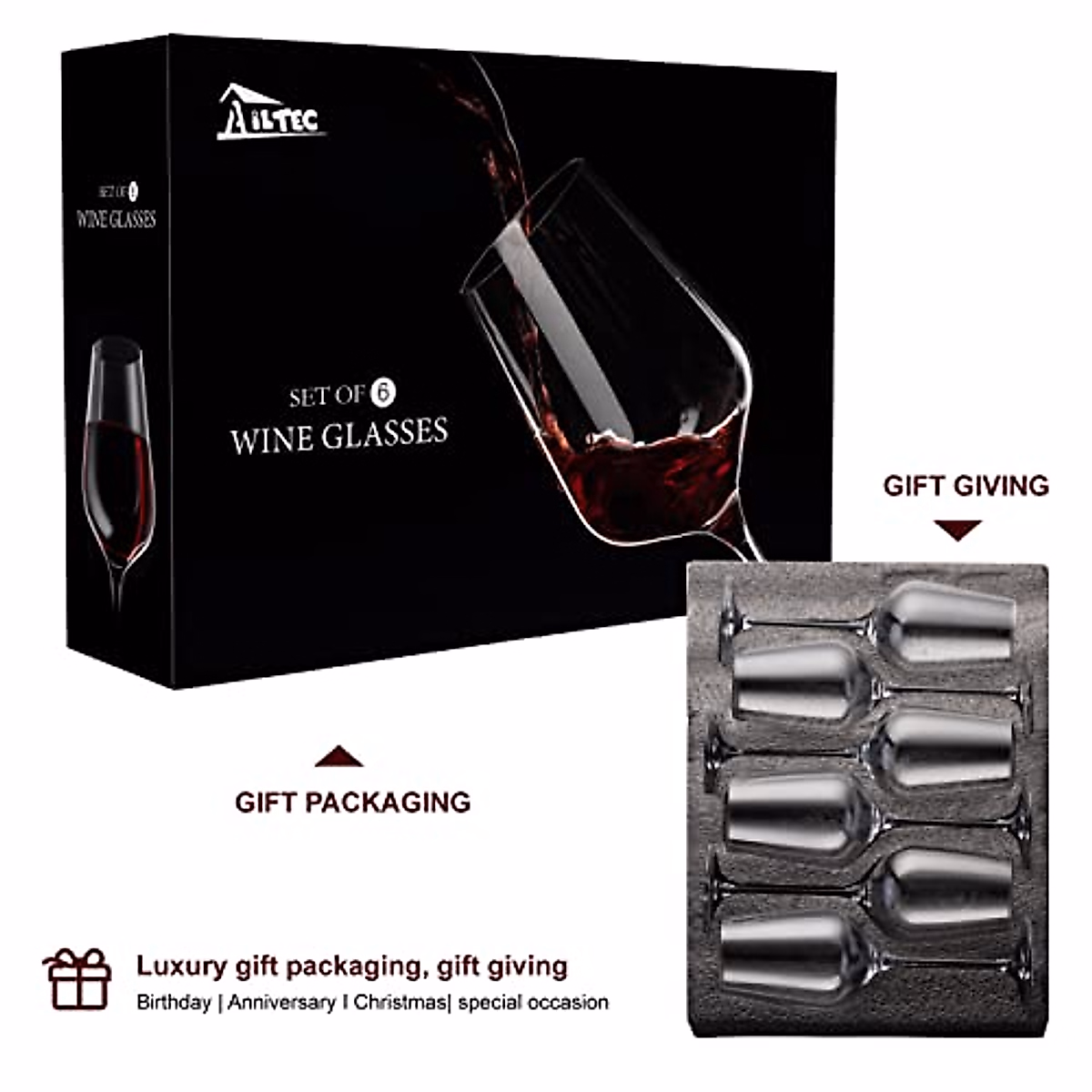 AILTEC Wine Glasses Set of 6, Crystal Glass with Stem for Drinking Red/White/Cabernet Wine as Gifts Sets, Clear Lead-Free Premium Blown Glassware (19oz,6 pack)