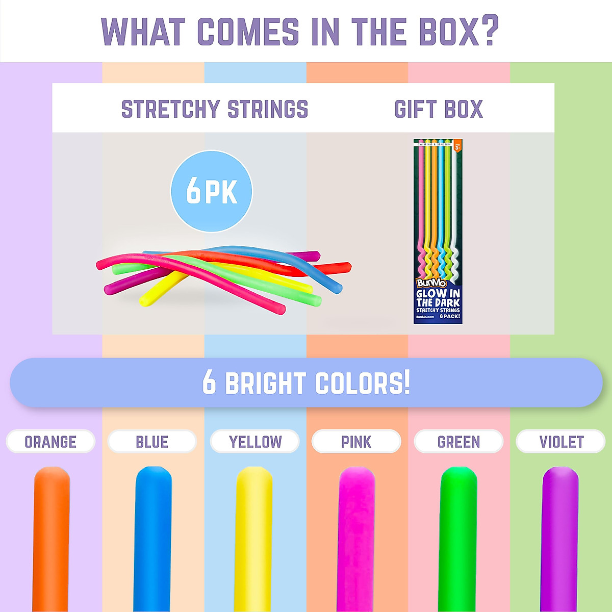 BUNMO Glow in The Dark Stretchy Strings 6pk | Calming Sensory Toy | Perfect Fidget Toy for Anxiety & Stress | Addictive & Fun | Party Favors for Kids | Stimulating & Soothing Fidget Toy