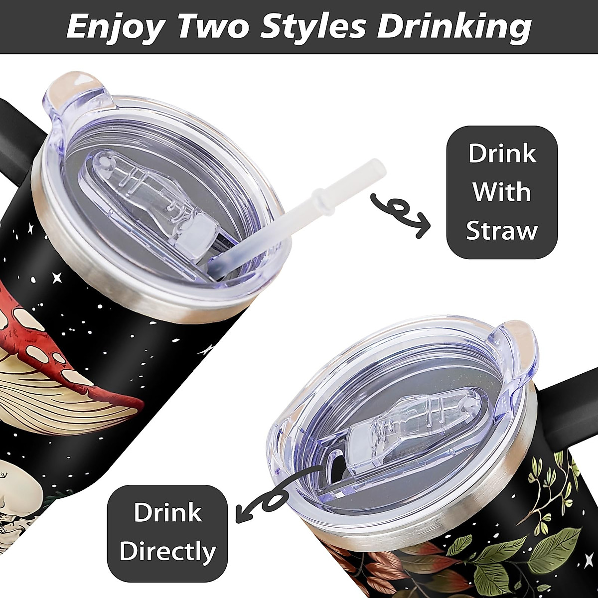 thmasamwr Mushroom Tumbler with Lid and Straw, Stainless Steel Mushroom 40oz Tumbler with Handle, Black Mushroom Travel Coffee Mug Mushroom Gifts Cups for Women and Men
