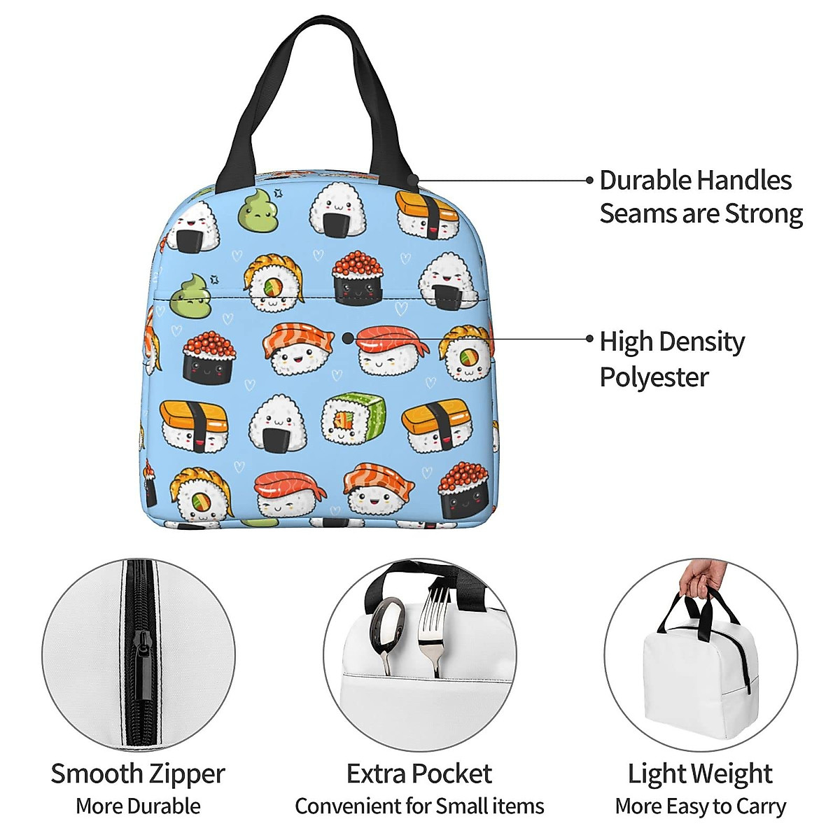 Echoserein Kawaii Japanese Sushi Blue Lunch Bag Insulated Lunch Box Reusable Lunchbox Waterproof Portable Lunch Tote For Women Men Girls Boys