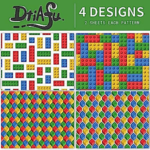Dtiafu Building Blocks Wrapping Paper - Birthday Wrapping Paper for Boys Girls Kids - 4 Style 8 Sheet Funny Gift Wrap - 20 X 28 Inch Per Sheet(Not Rolled)
