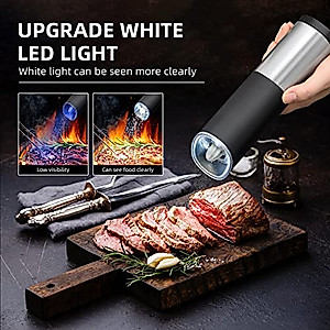 Rocyis USB Rechargeable Electric Salt and Pepper Grinder-Gravity Automatic Spice Mill w/LED Light, Adjustable Coarseness, One Hand Operated Smart Kitchen Gadgets, Silver