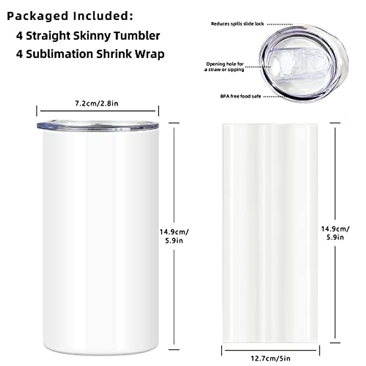 XccMe 12 oz Skinny Sublimation Blanks,Stainless Steel Straight Tumblers with Shrink Wrap Films,4 PACK Double Wall Vacuum Insulated Mugs for DIY Gift,Coffee,Tea,Beverages (White)