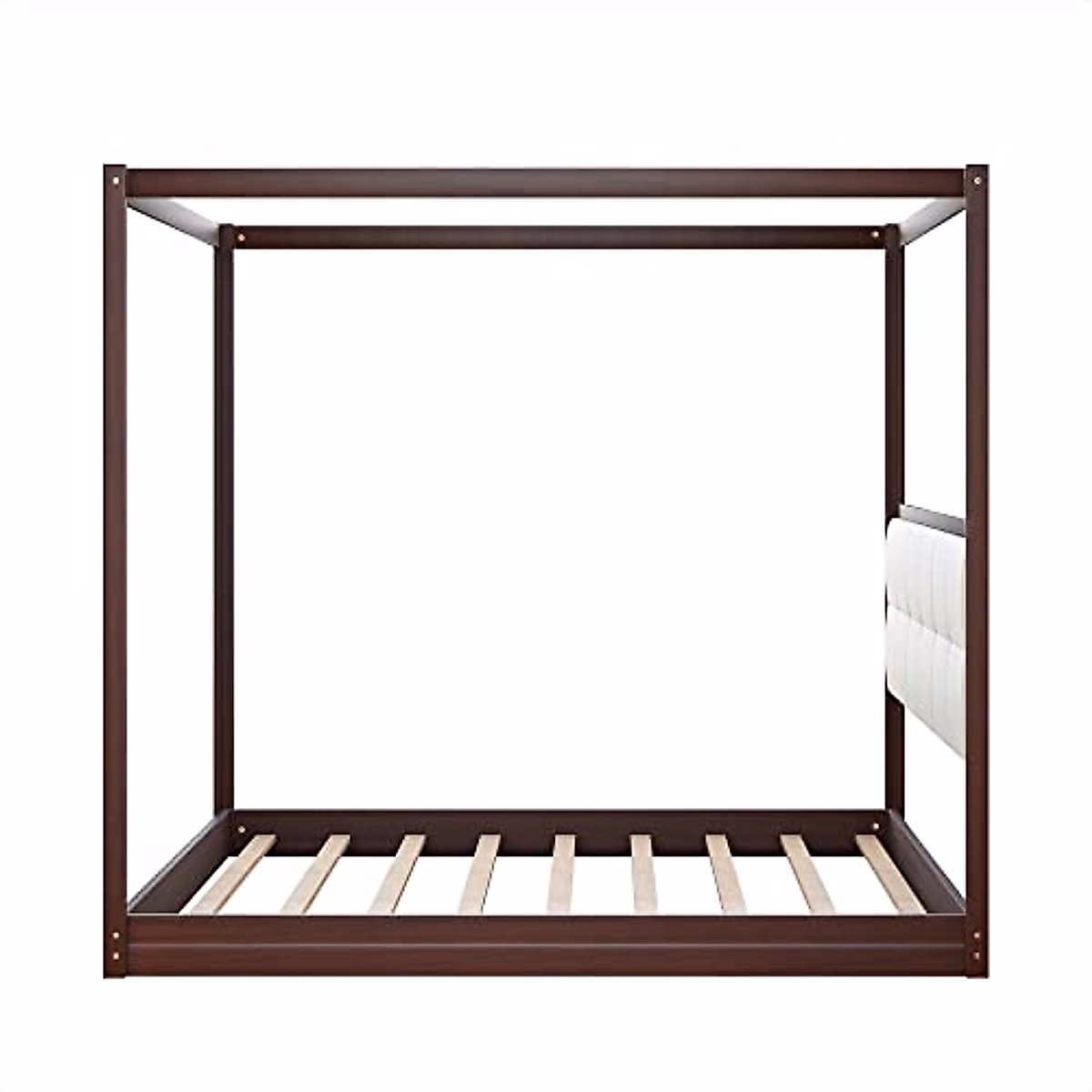 HAUSHECK Queen Size Canopy Bed with Upholstered Headboard, Four-Poster Queen Canopy Platform Bed Frame, Wood Floor Bed Frame with Sturdy Wooden Slatted Structure, No Box Spring Needed, Easy Assembly
