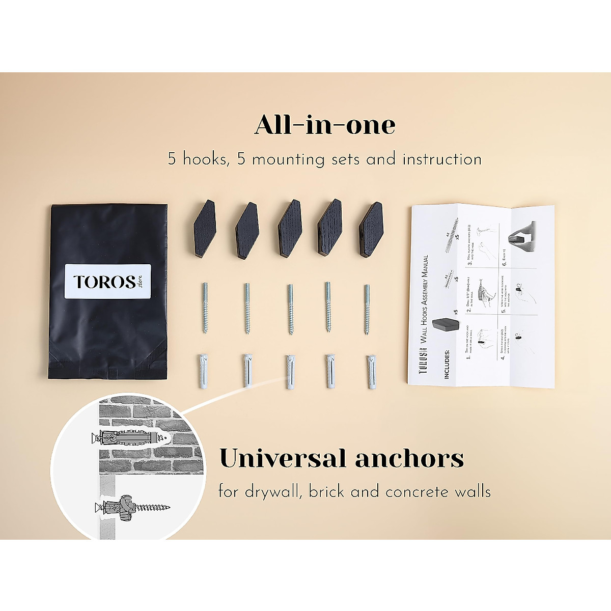 TOROS store Set of 5 Wood Wall Hooks - Modern Black Wooden Coat Hooks for Hanging, Coat Hooks Wall Mounted, Decorative Hooks, Hook Rack, Bag Hooks, Hat Hooks for Wall, Backpack Wall Hook