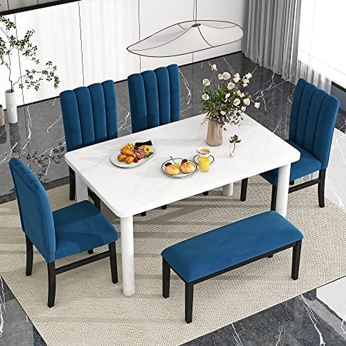 Goohome 6-Piece Kitchen Dining Set, Mid-Century Marble Veneer Table, 4 Flannelette Upholstered Chairs and Bench Family Furniture, for Home, Apartment, A-White+Blue
