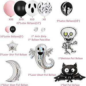 94 Packs Pink Black Halloween Birthday Party Kit Happy Boo Day Banner Cake Topper Halloween Ghost Cupcake Toppers Skeleton Bat Mylar Balloons for Pink and Black Halloween Birthday Party Decorations