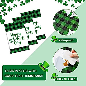 Whaline 3Pcs St. Patrick's Day Disposable Tablecloth Green Black Buffalo Plaid Shamrock Pattern Rectangle Plastic Table Cover Irish Holiday Table Cloth for Picnic Dinner Table Decor, 54 x 108 Inch