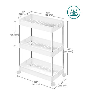 SONGMICS 3-Tier Rolling Cart, Storage Cart with Wheels, Space-Saving Rolling Storage Cart, for Bathroom, Kitchen, Living Room, Office, 15.7 x 8.7 x 23.6 Inches, White UKSC009W01