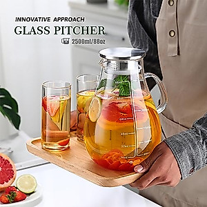 JKFHV Glass Pitcher,88oz Water Pitcher Set with Lid and Drink Glasses of 2,Large Glass Iced Tea Pitcher Easy Clean Heat Resistant Borosilicate Glass Jug for Juice,Milk,Cold or Hot Beverages