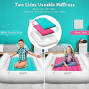 USHMA Toddler Travel Bed, Portable Toddler Bed for Kids | Toddler Air Mattress | Inflatable Travel Toddler Bed | Portable Toddler Bed for Travel | Set Includes Pump, Case, Pillow-Mint Green & Pink