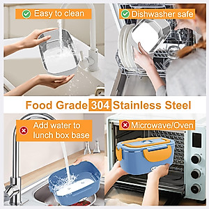 HOLDRUBY 75W Electric Lunch Box food heated 3 In 1 Portable Food Warmer Heater for Car/Truck/Home Heating Lunch Box with 1.5L 304 SS Container, Fork Spoon & Bag (Light Blue+Yellow)