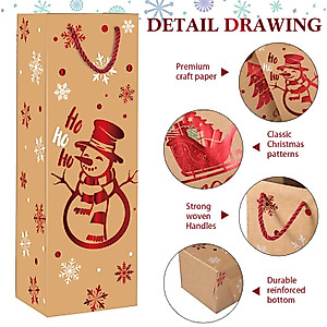 Pasimy 12 Pcs Christmas Wine Bags with Tissue Paper Christmas Red Foil Kraft Paper Wine Gift Bags with Handles Paper Assorted Design Wine Bags Gift Holiday for Bottle Wrapping Birthday Wedding Party