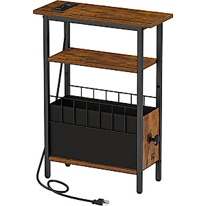 Snughome Narrow Side Table with Charging Station, Slim End Table for Small Spaces, 3 Tier Skinny Nightstand with Drawer, Sofa Beside Table with Storage Shelf for Living Room Bedroom